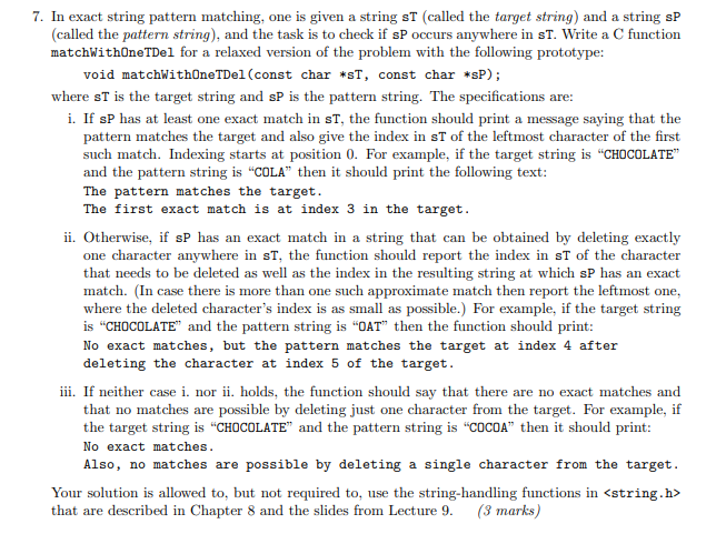 Solved 7. In exact string pattern matching, one is given a | Chegg.com