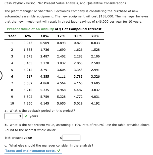 Solved Cash Payback Period, Net Present Value Analysis, and | Chegg.com