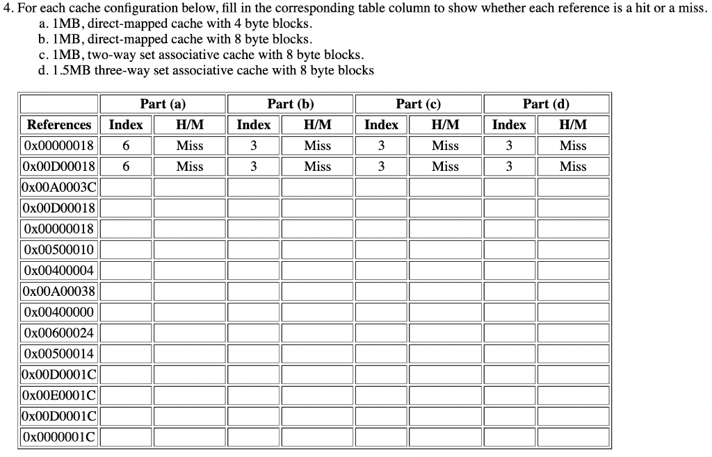 4. For each cache configuration below, fill in the | Chegg.com