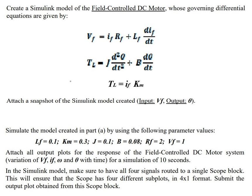Solved Create a Simulink model of the Field-Controlled DC | Chegg.com