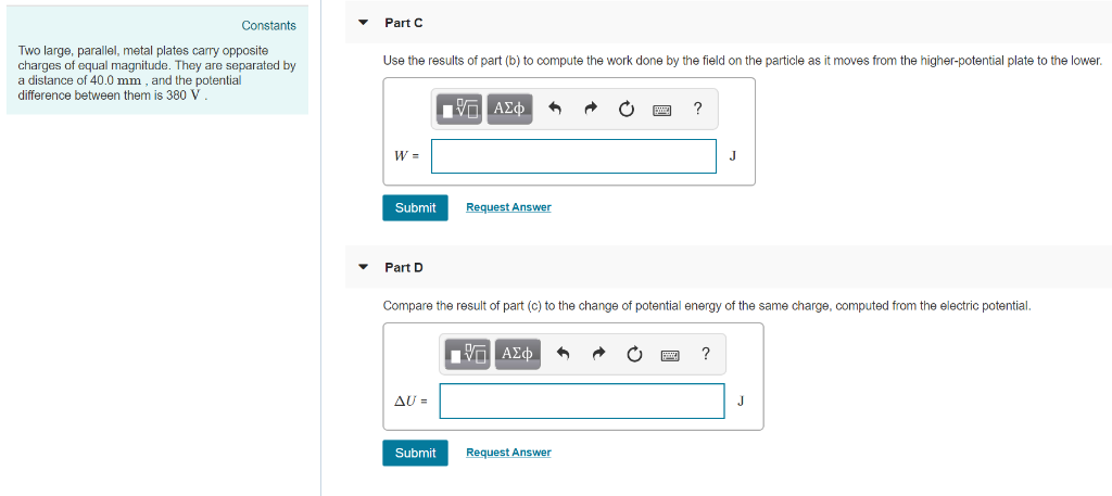 Solved Constants Part A Two large, parallel, metal plates | Chegg.com Solved Constants Part A Two large, parallel, metal plates | Chegg.com