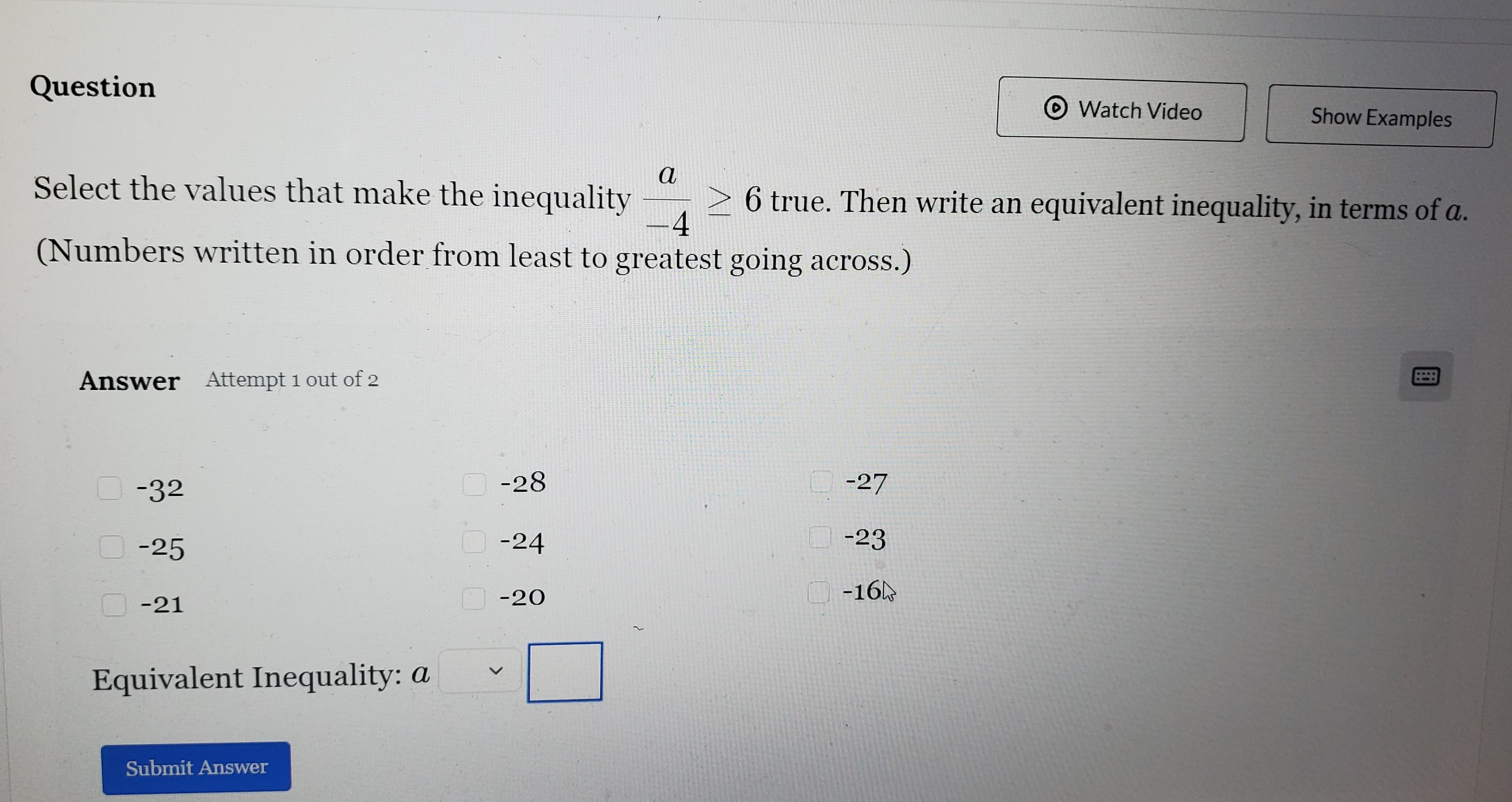 Solved QuestionSelect the values that make the inequality | Chegg.com