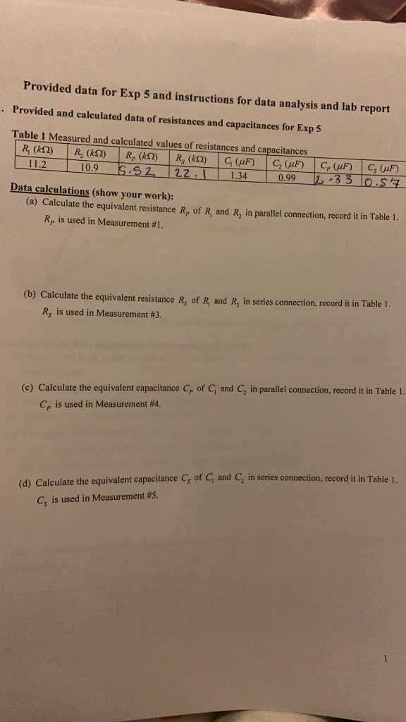 Solved Provided data for Exp 5 and instructions for data | Chegg.com