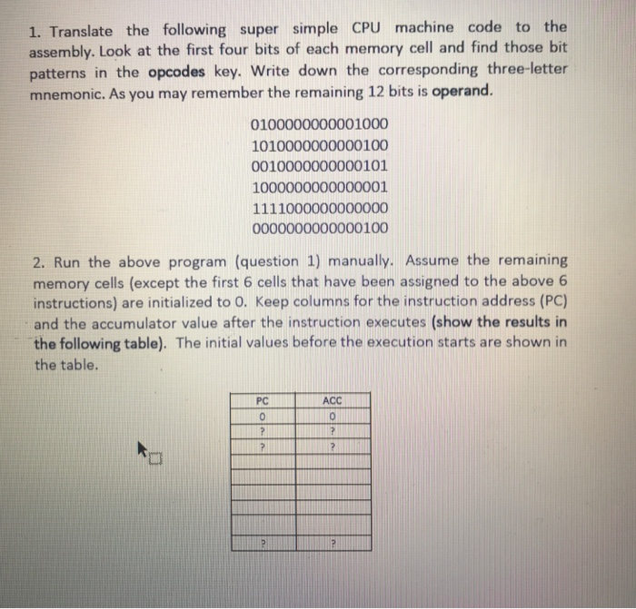 Solved 1 Translate The Following Super Simple Cpu Machine