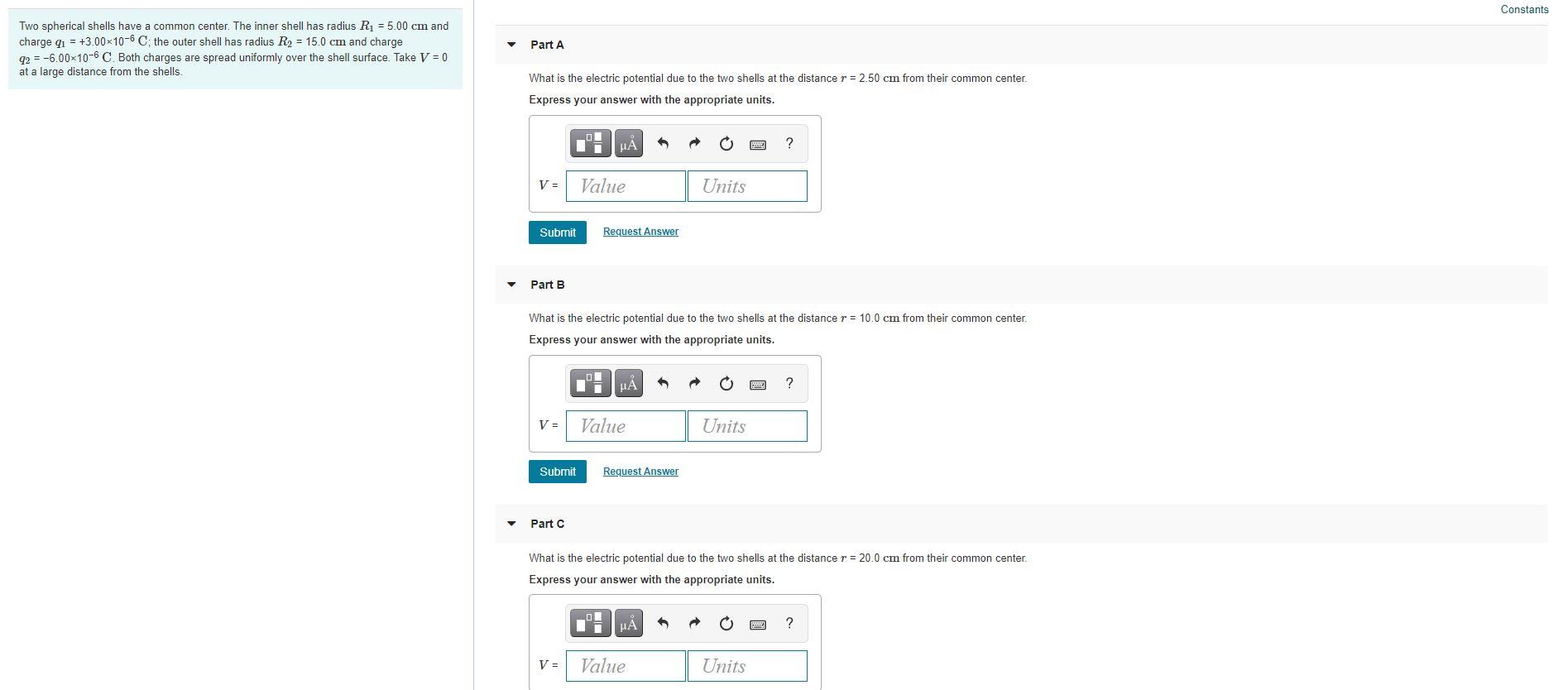 Solved Constants Two spherical shells have a common center. | Chegg.com
