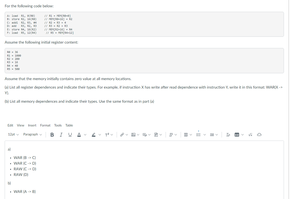 Solved For the following code below: Assume the following | Chegg.com