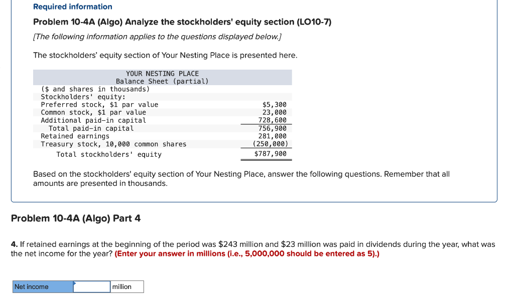 Solved Problem 10-4A (Algo) Analyze the stockholders' equity | Chegg.com