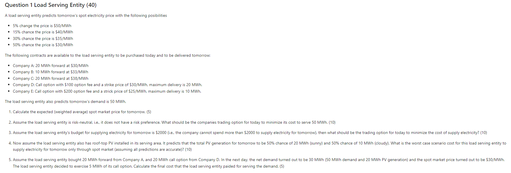 Question 1 Load Serving Entity (40) A load serving | Chegg.com