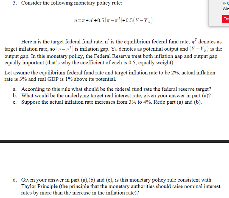 Solved 3. Consider the following monetary policy rule: | Chegg.com