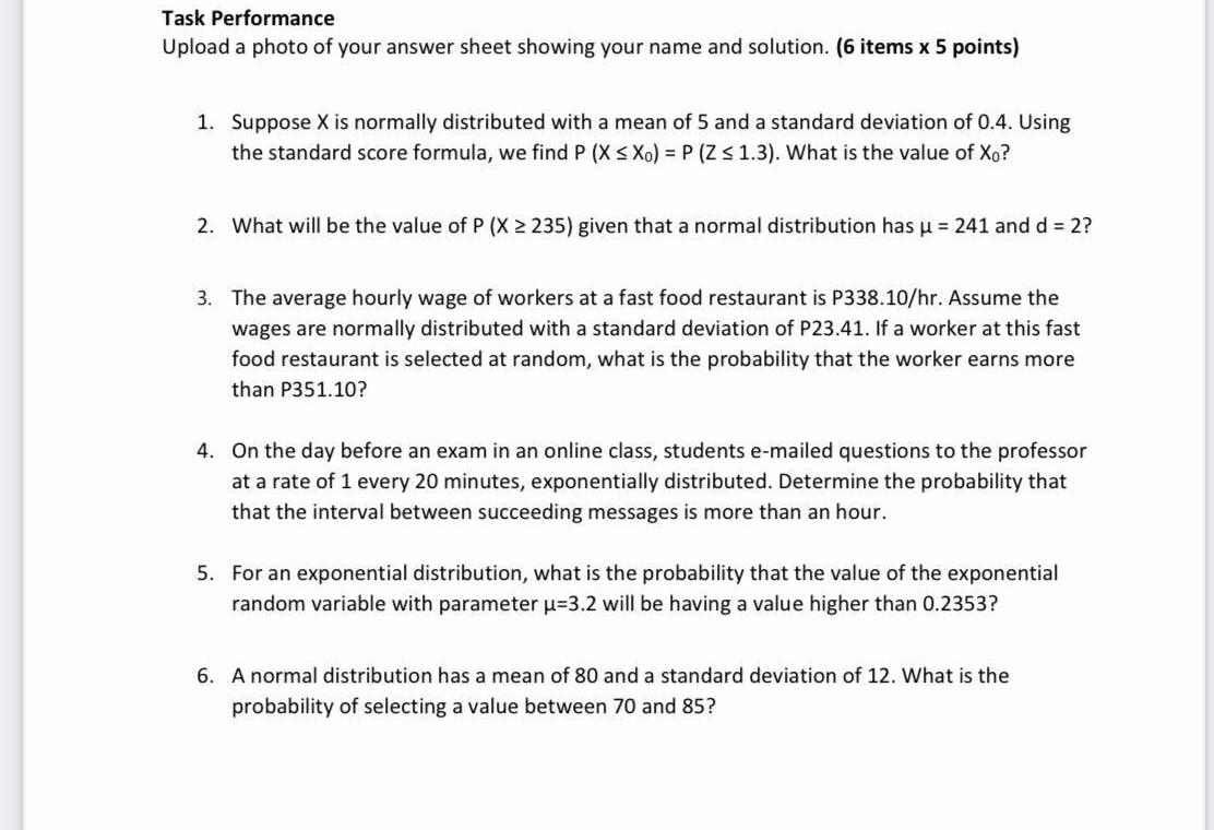 Solved Task Performance Upload a photo of your answer sheet | Chegg.com