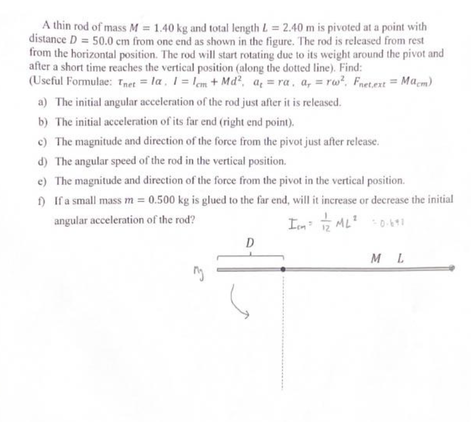 Solved A thin rod of mass M=1.40kg ﻿and total length L=2.40m | Chegg.com