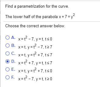 Solved Find a parametrization for the curve. The lower half | Chegg.com