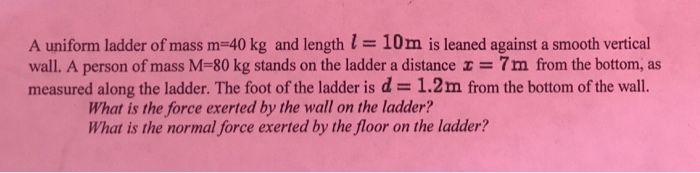Solved A uniform ladder of mass m-40 kg and length 10 m is | Chegg.com