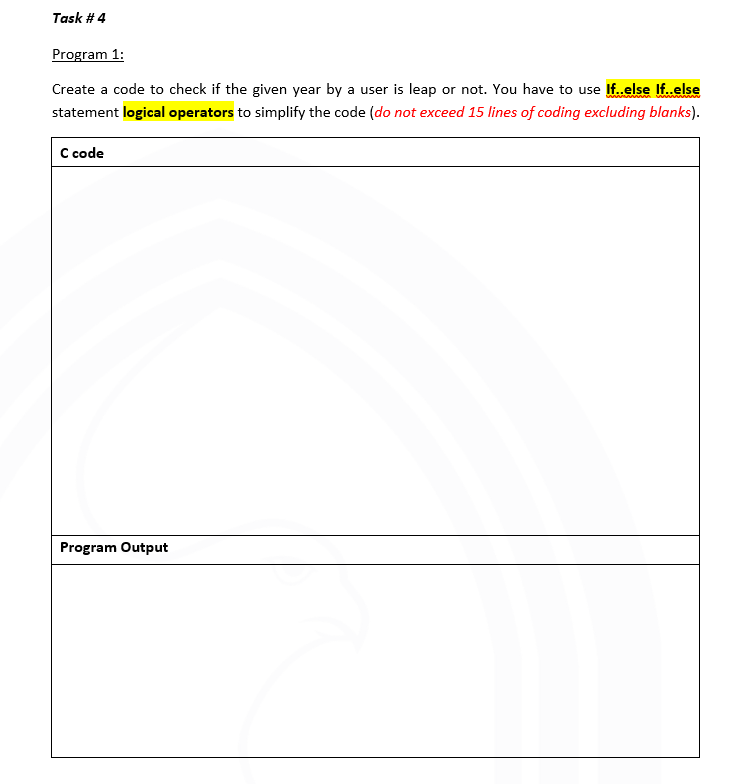 Solved Task #4 Program 1: Create a code to check if the | Chegg.com