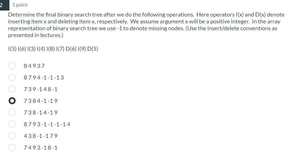 Solved 2 1 point Determine the final binary search tree | Chegg.com