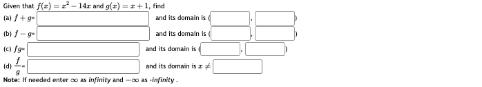 Solved Given that f(x)=x2−14x and g(x)=x+1, find (a) f+g= | Chegg.com