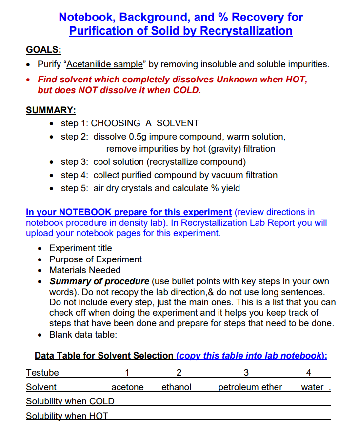 Notebook, Background, and % Recovery for Purification | Chegg.com