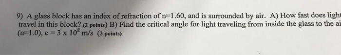 Solved 9) A glass block has an index of refraction of n | Chegg.com