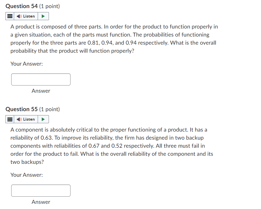 Solved A product is composed of three parts. In order for | Chegg.com