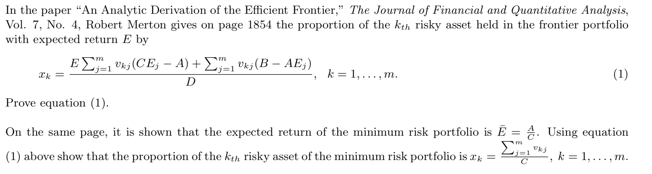 Solved In the paper “An Analytic Derivation of the Efficient | Chegg.com