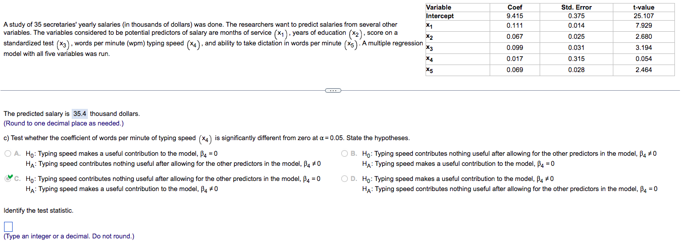 Solved Variable Intercept X1 A study of 35 secretaries' | Chegg.com