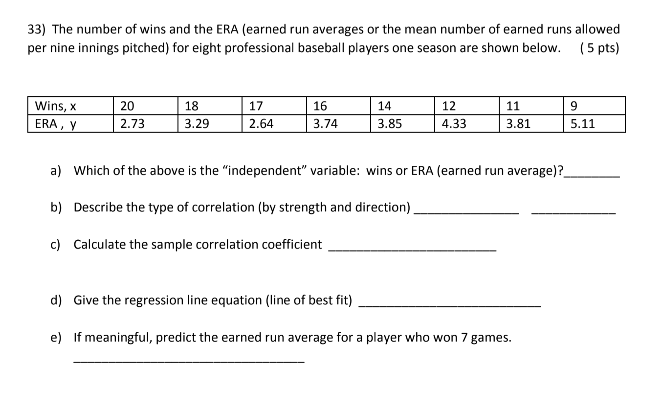 Solved 33) The number of wins and the ERA (earned run | Chegg.com