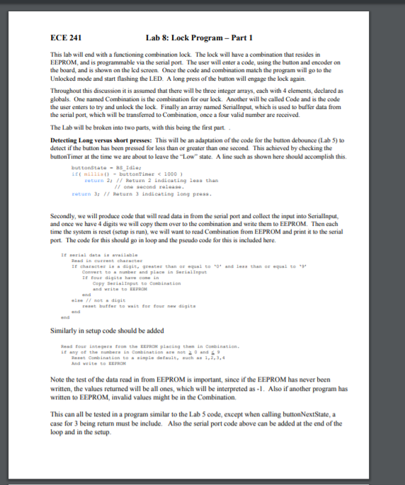 ECE 241 Lab 8: Lock Program - Part 1 This lab will | Chegg.com