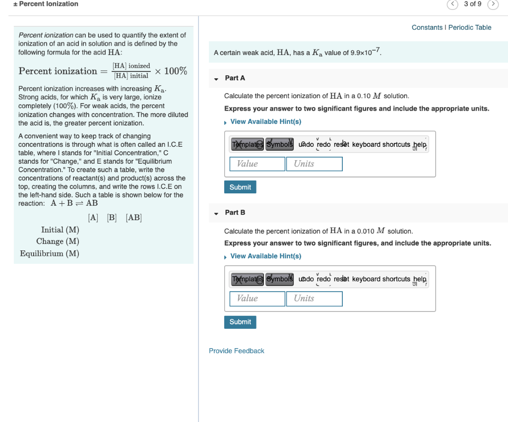 Solved + Percent lonization 3 of 9 Constants Periodic Table | Chegg.com