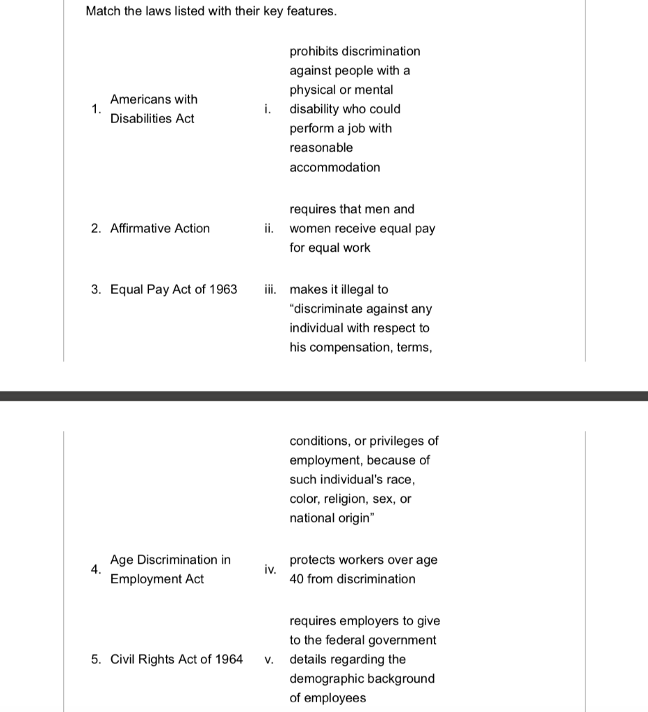 Solved Match the laws listed with their key features. 1. | Chegg.com