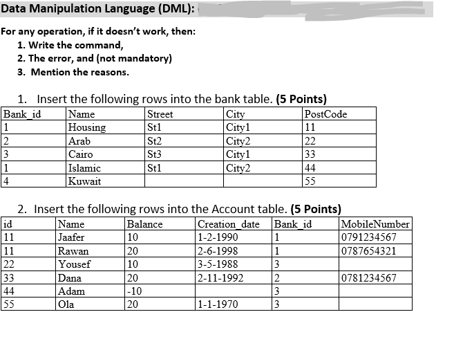 Solved 1. Create a table named Bank with the following rules | Chegg.com