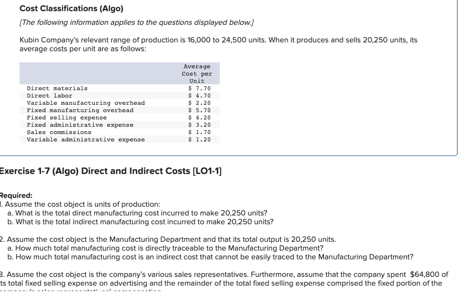 Solved Cost Classifications (Algo) (The following | Chegg.com