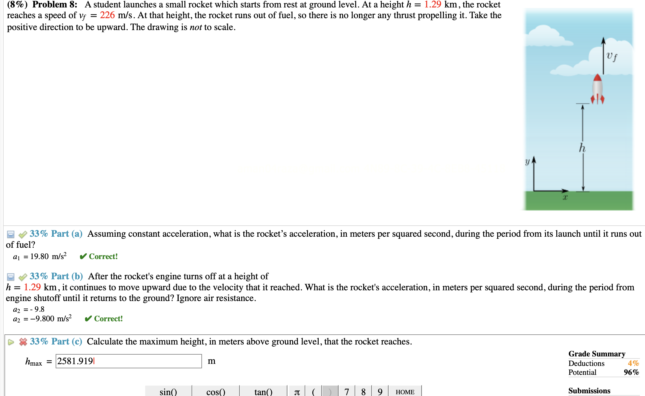 (8%) ﻿Problem 8: A student launches a small rocket | Chegg.com