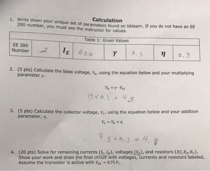Calculation 1. Write down your unique set of | Chegg.com