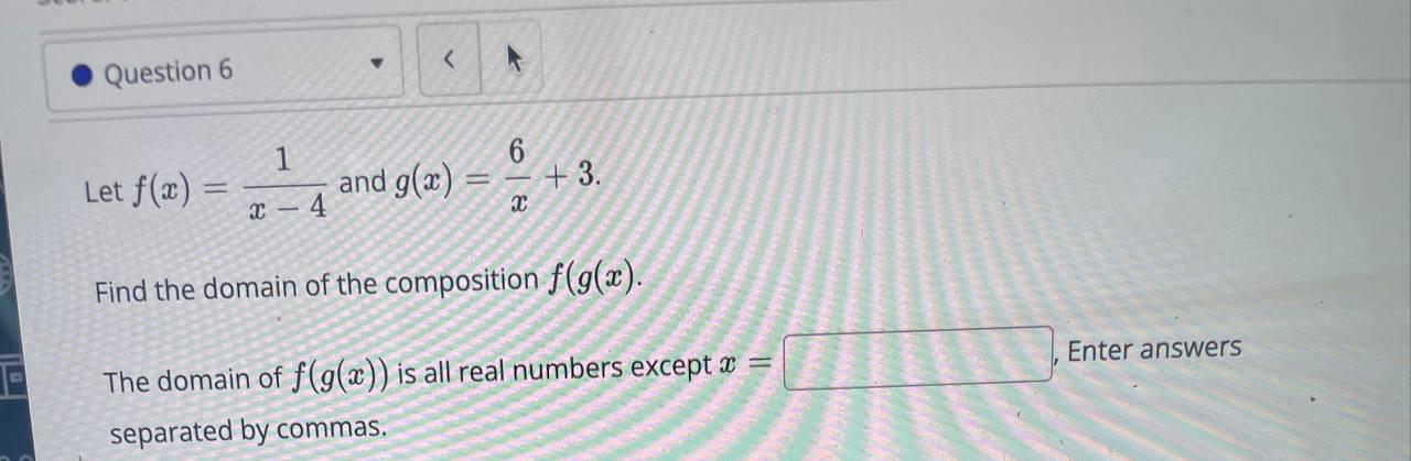 Solved Let f(x)=6x−5 and g(x)=x2−6x+3. (f∘g)(x)=(g∘f)(x)= | Chegg.com