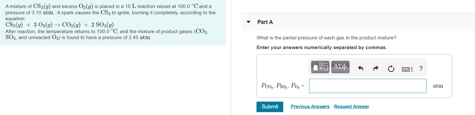 Solved A mixture of CS2(g) and excess O2(g) is placed in a | Chegg.com