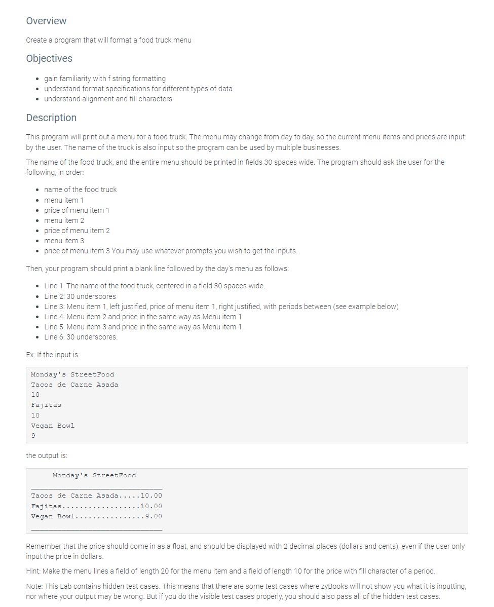 Solved Overview Create a program that will format a food | Chegg.com