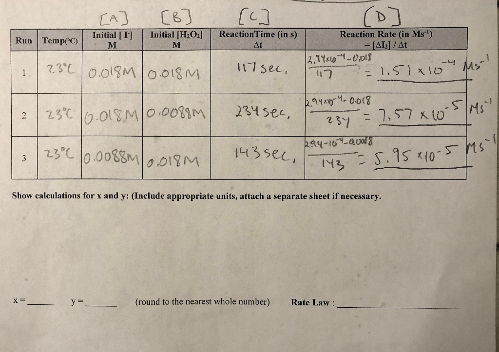 Solved Iodine Clock Lab: Show Calculations for x and y | Chegg.com
