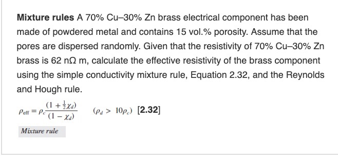 Solved Mixture rules A 70% Cu-30% Zn brass electrical | Chegg.com
