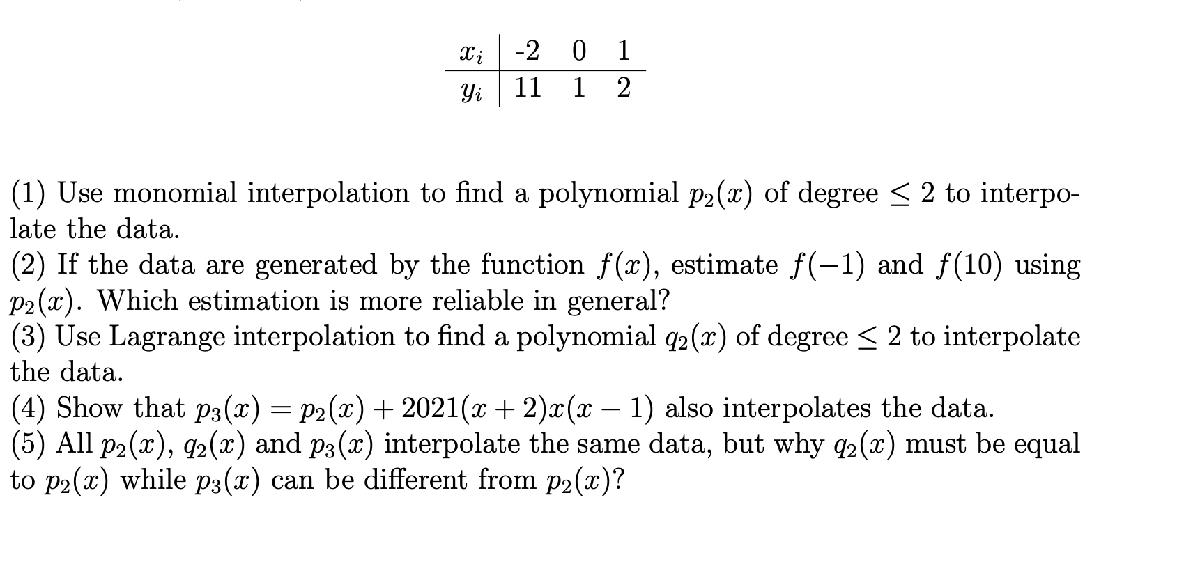 Solved Xi -2 0 1 11 1 2 Yi (1) Use monomial interpolation to | Chegg.com