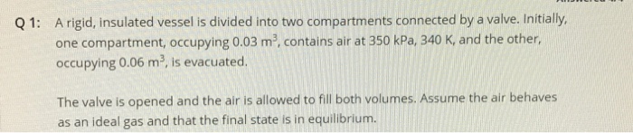Solved Q 1: A rigid, insulated vessel is divided into two | Chegg.com