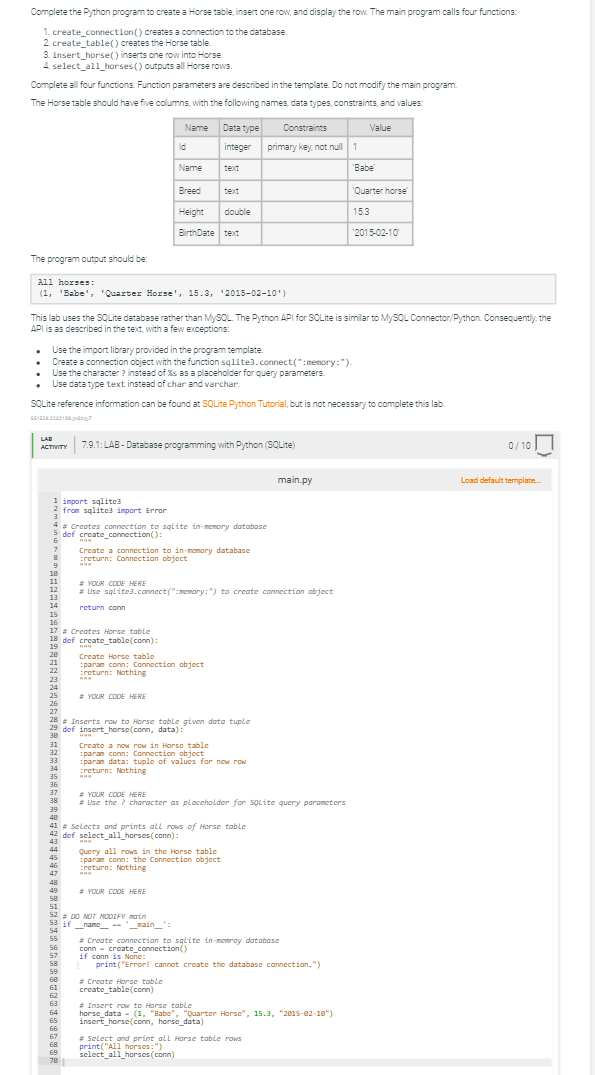 Complete the Python program to create a horse table, | Chegg.com