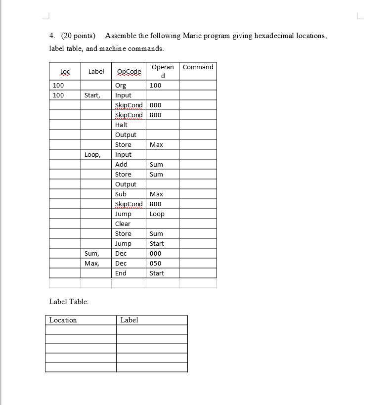 Solved 4. (20 points) Assemble the following Marie program | Chegg.com