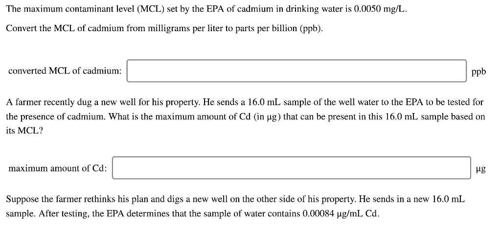 Solved The maximum contaminant level (MCL) set by the EPA of | Chegg.com