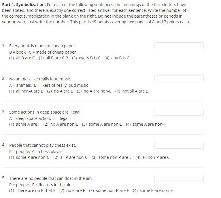 Solved Part 1. Symbolization. For each of the following | Chegg.com