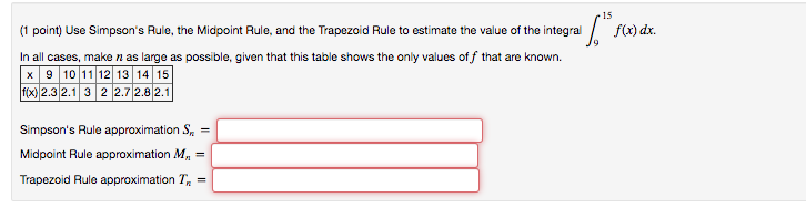 Solved (1 point) Use Simpson's Rule, the Midpoint Rule, and | Chegg.com