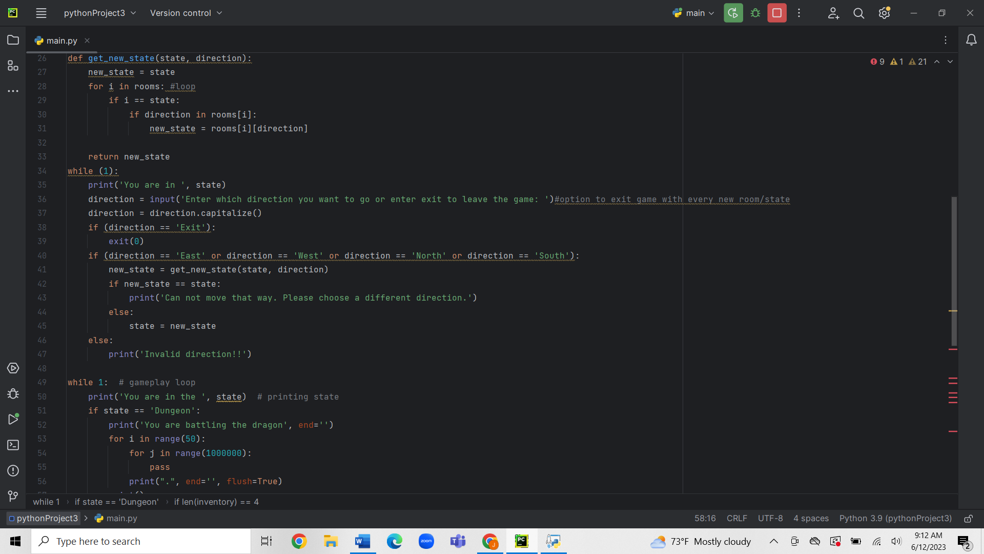 CODE for my Game doesn't let me change rooms. The | Chegg.com