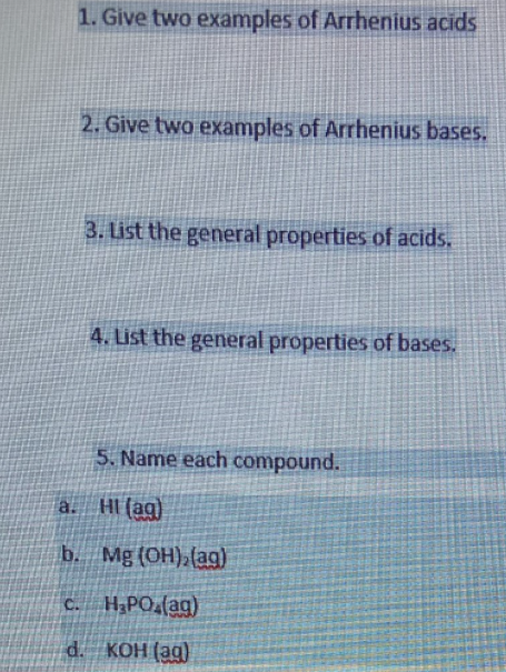 Solved 1. Give two examples of Arrhenius acids 2. Give two | Chegg.com