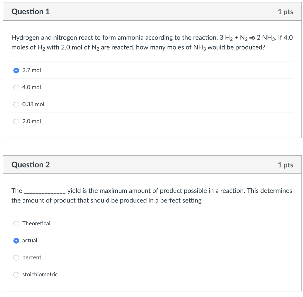 Solved Question 1 1 pts Hydrogen and nitrogen react to form | Chegg.com