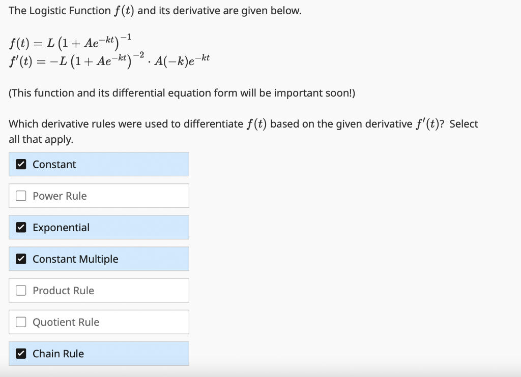 Solved The Logistic Function f(t) and its derivative are | Chegg.com