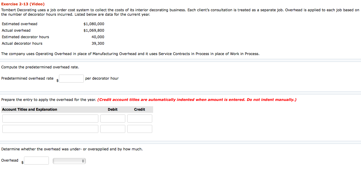 Solved Exercise 2-13 (Video) Tombert Decorating uses a job | Chegg.com